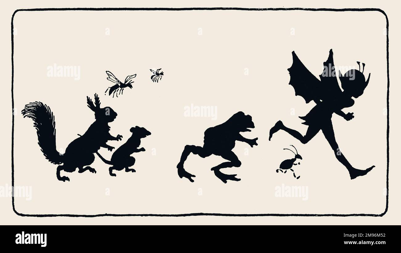 Tickety Tock Silhouette Illustration -- a goblin, a frog, a rat, a ...