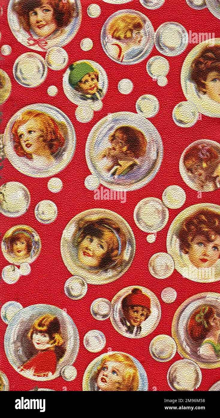 Wrapping Paper Sample Design -- little girls' heads in bubbles on a red ...