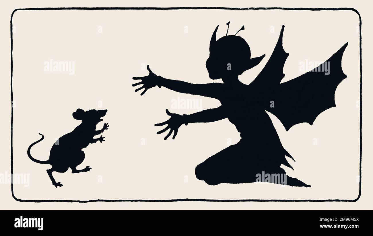 Tickety Tock Silhouette Illustration -- a goblin welcoming a rat Stock ...