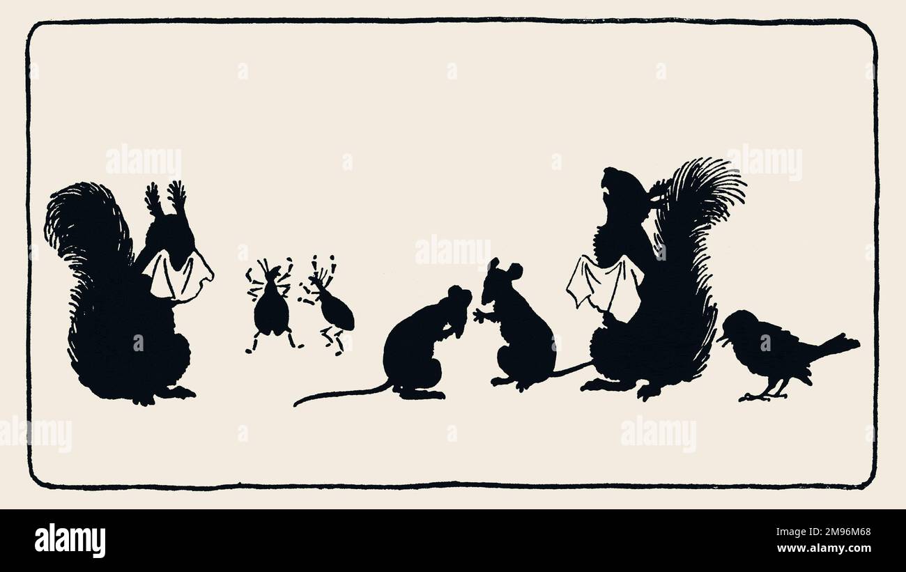 Tickety Tock Silhouette Illustration -- squirrels, mice, insects and a ...
