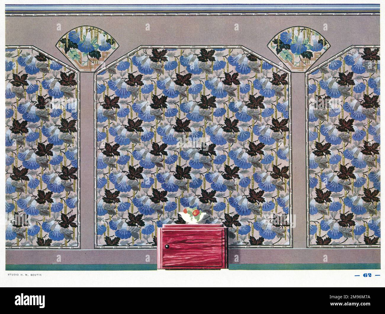 Wallpaper designs shown in a sample interior with a low cabinet in ...