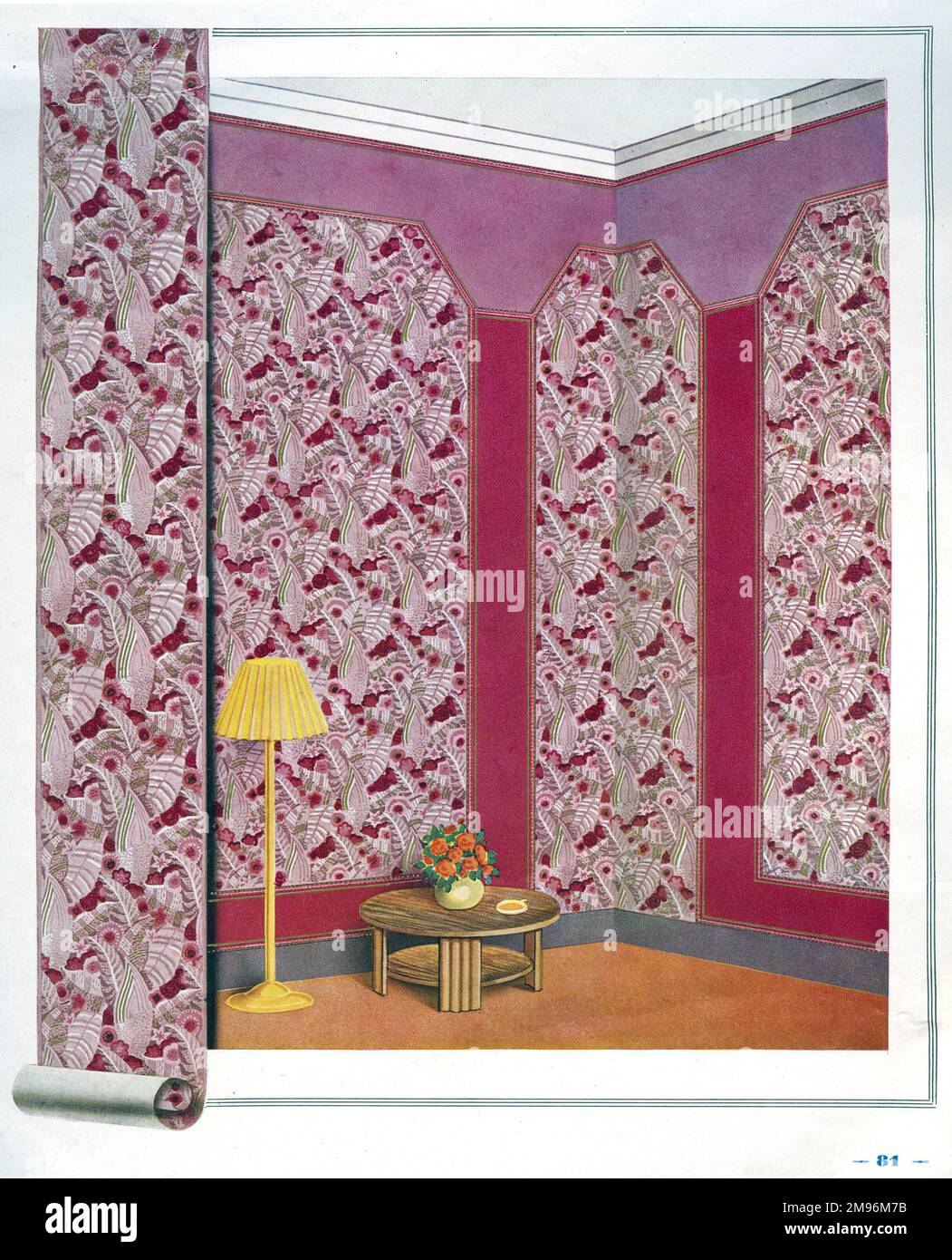 Wallpaper designs shown in a sample interior with low table and ...