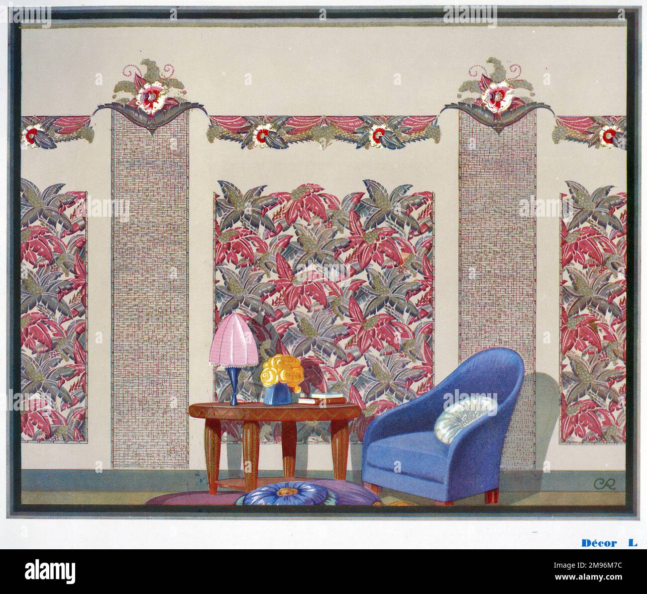 Wallpaper designs shown in a sample interior with table and armchair in ...