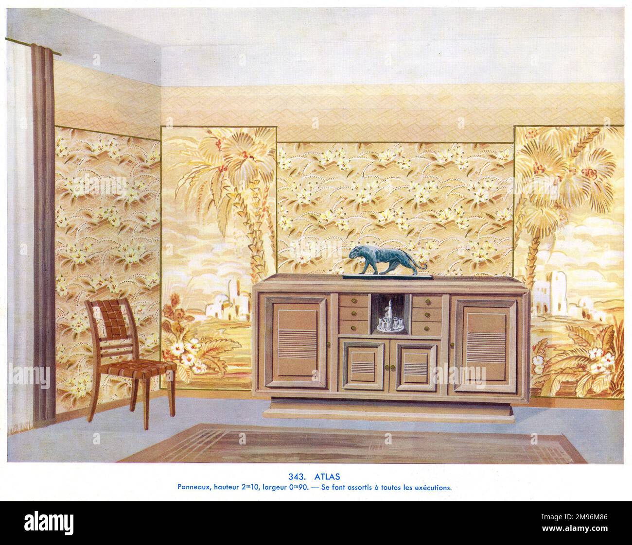 Wallpaper designs shown in a sample interior with a sideboard in front ...