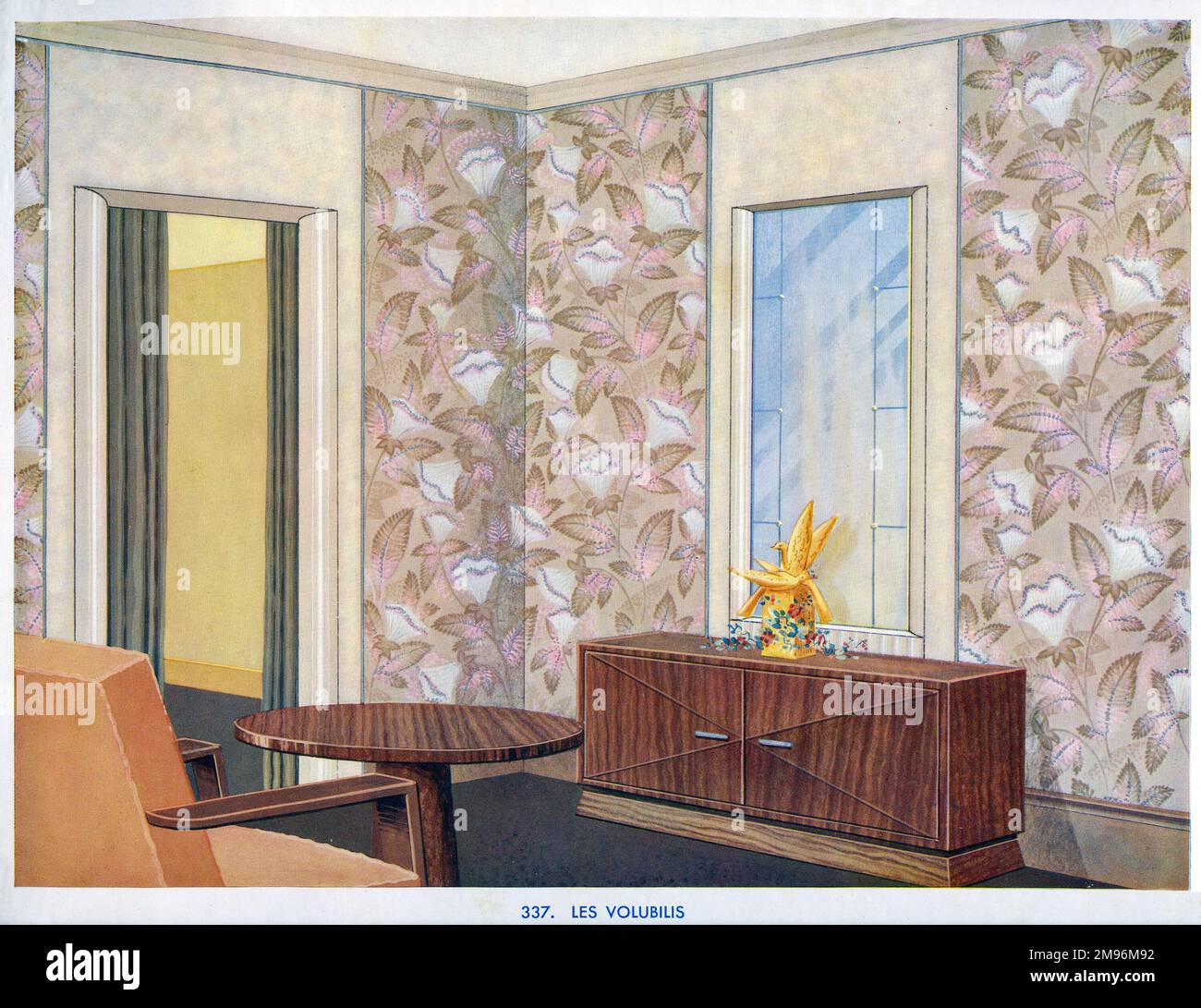 Wallpaper designs shown in a sample interior with a sideboard, table ...