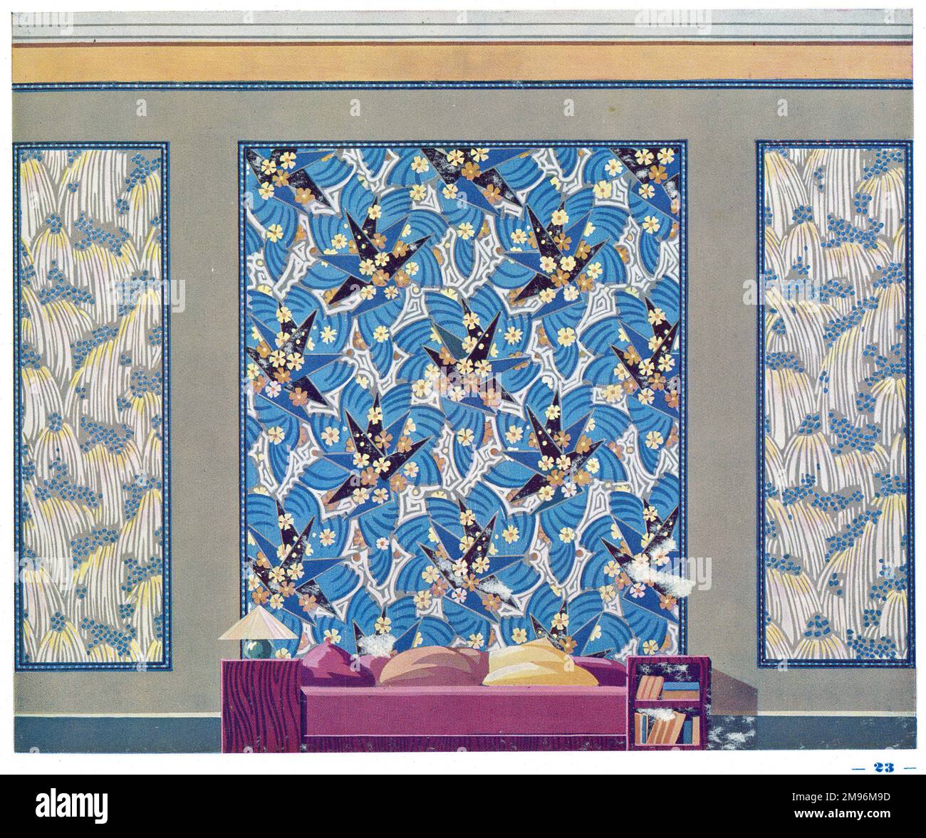 Wallpaper designs shown in a sample interior with a sofa and book case ...