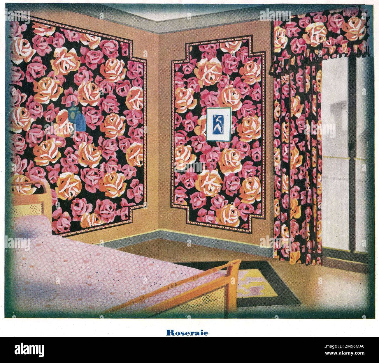 Wallpaper designs shown in a sample bedroom interior -- Roseraie (rose garden Stock Photo - Alamy