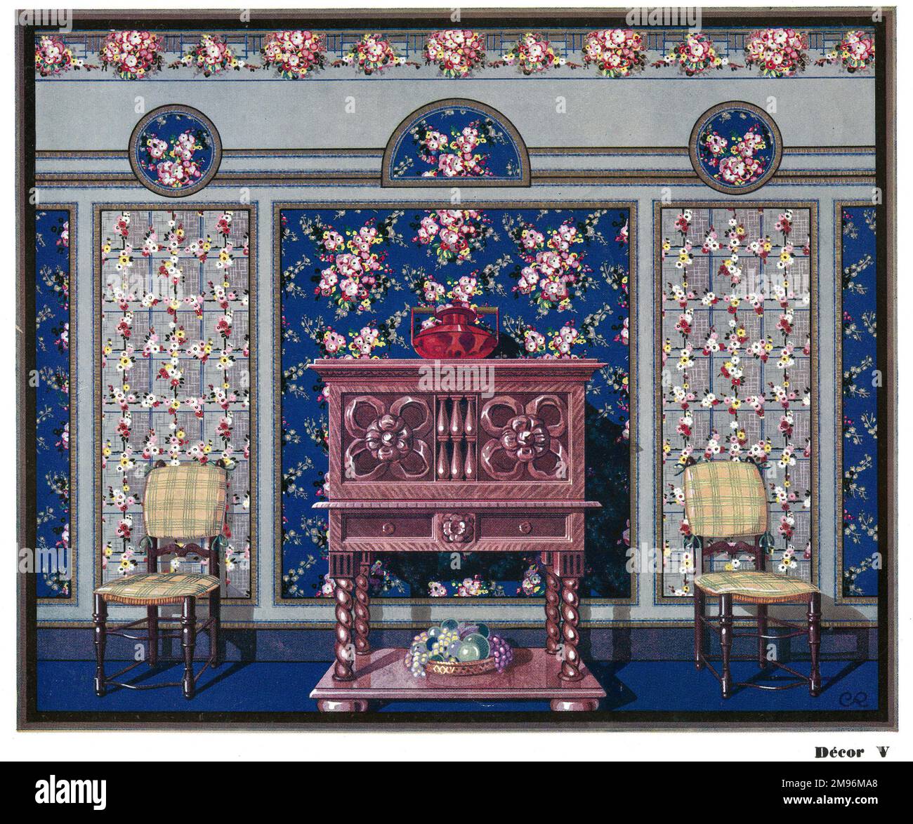 Wallpaper designs shown in a sample interior with an ornate wooden ...