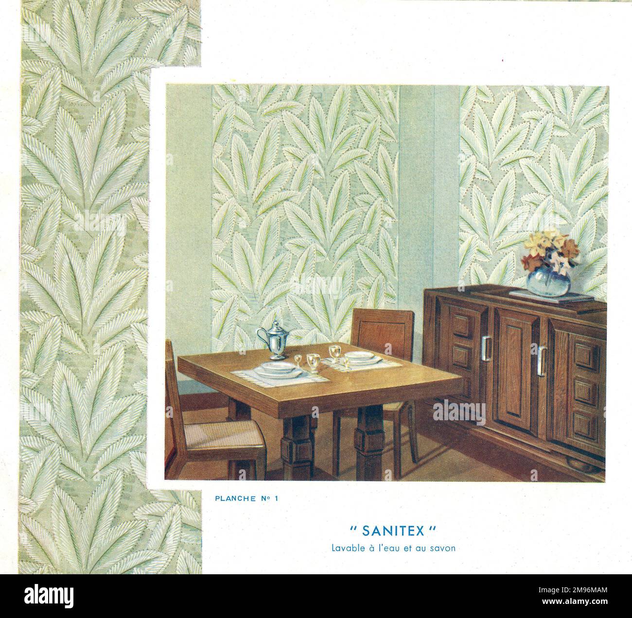 Wallpaper designs shown in a sample interior with dining table and ...