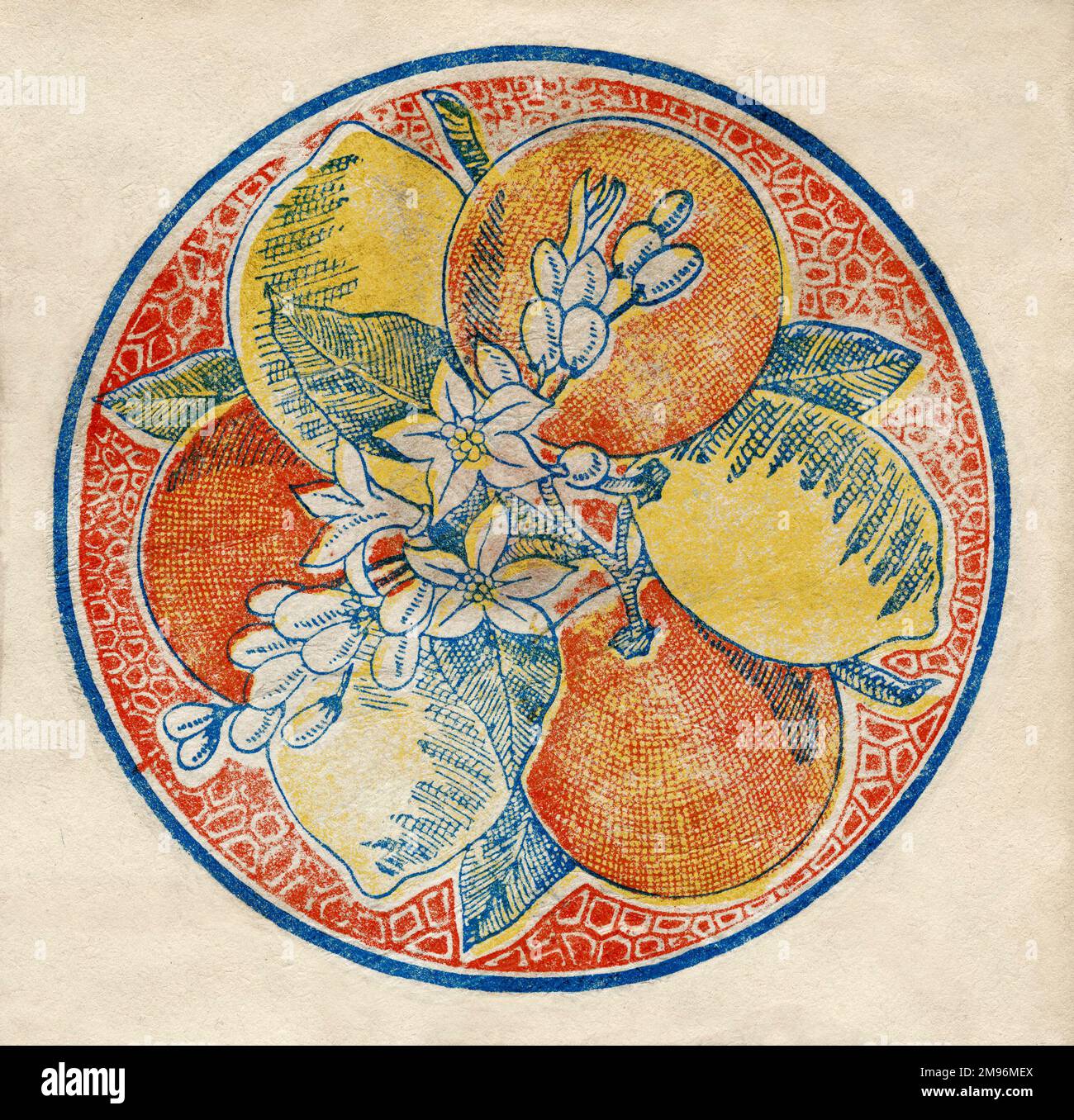 Fruit Label -- a circular design of oranges and lemons, with a sprig of ...