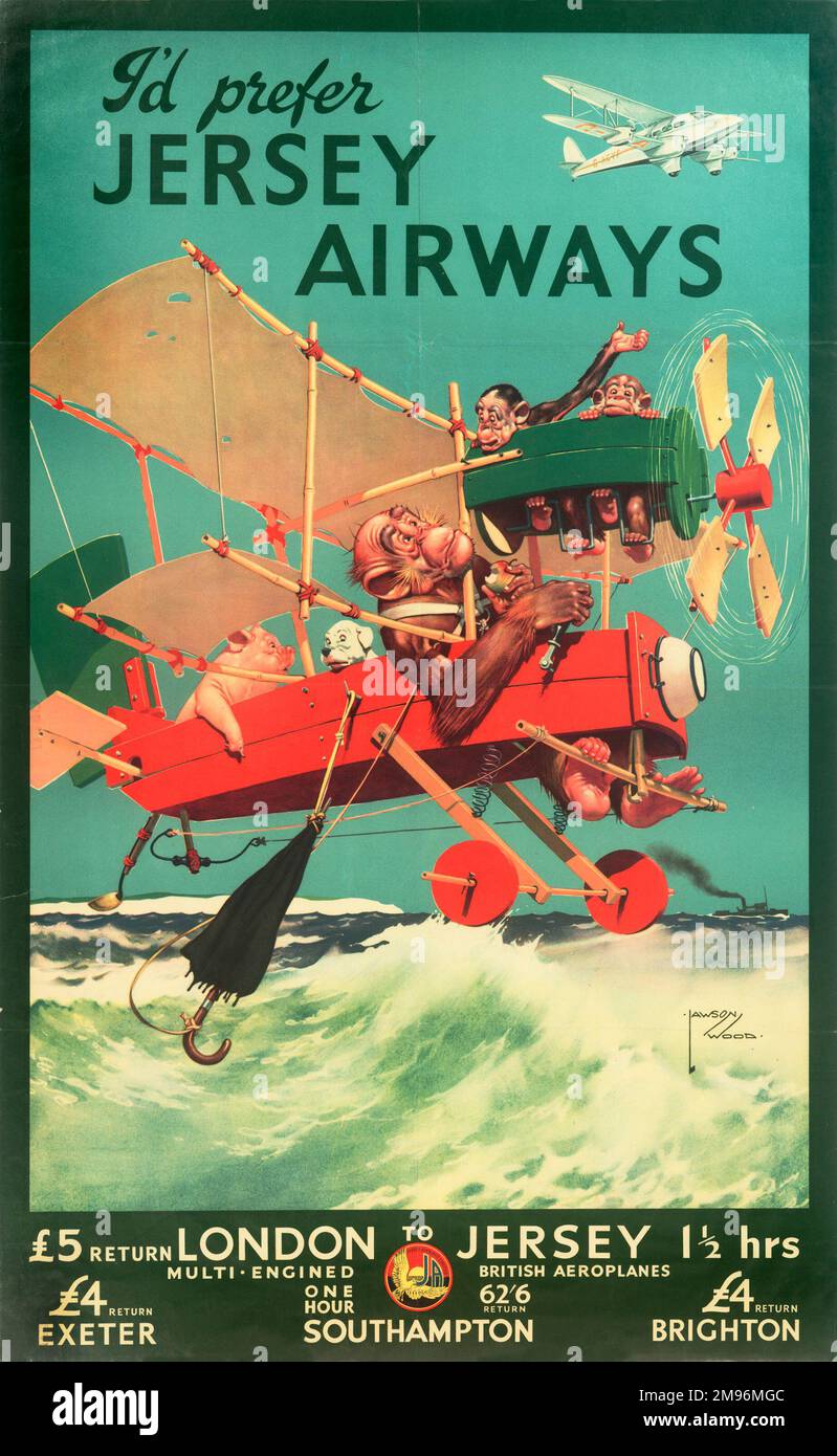 Poster, I'd prefer Jersey Airways. A cartoon of animals powering and ...