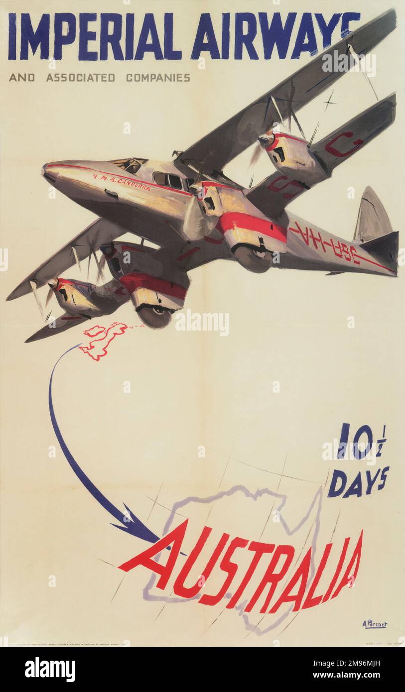 Imperial Airways Poster, advertising flights to Australia taking ten ...