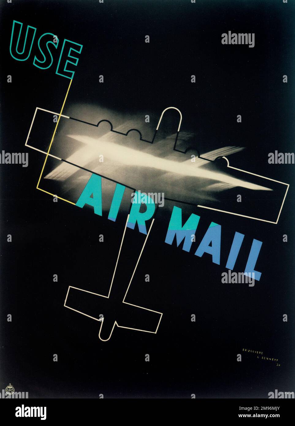 GPO poster, Use Air Mail. Showing the outline of a monoplane on a black ...