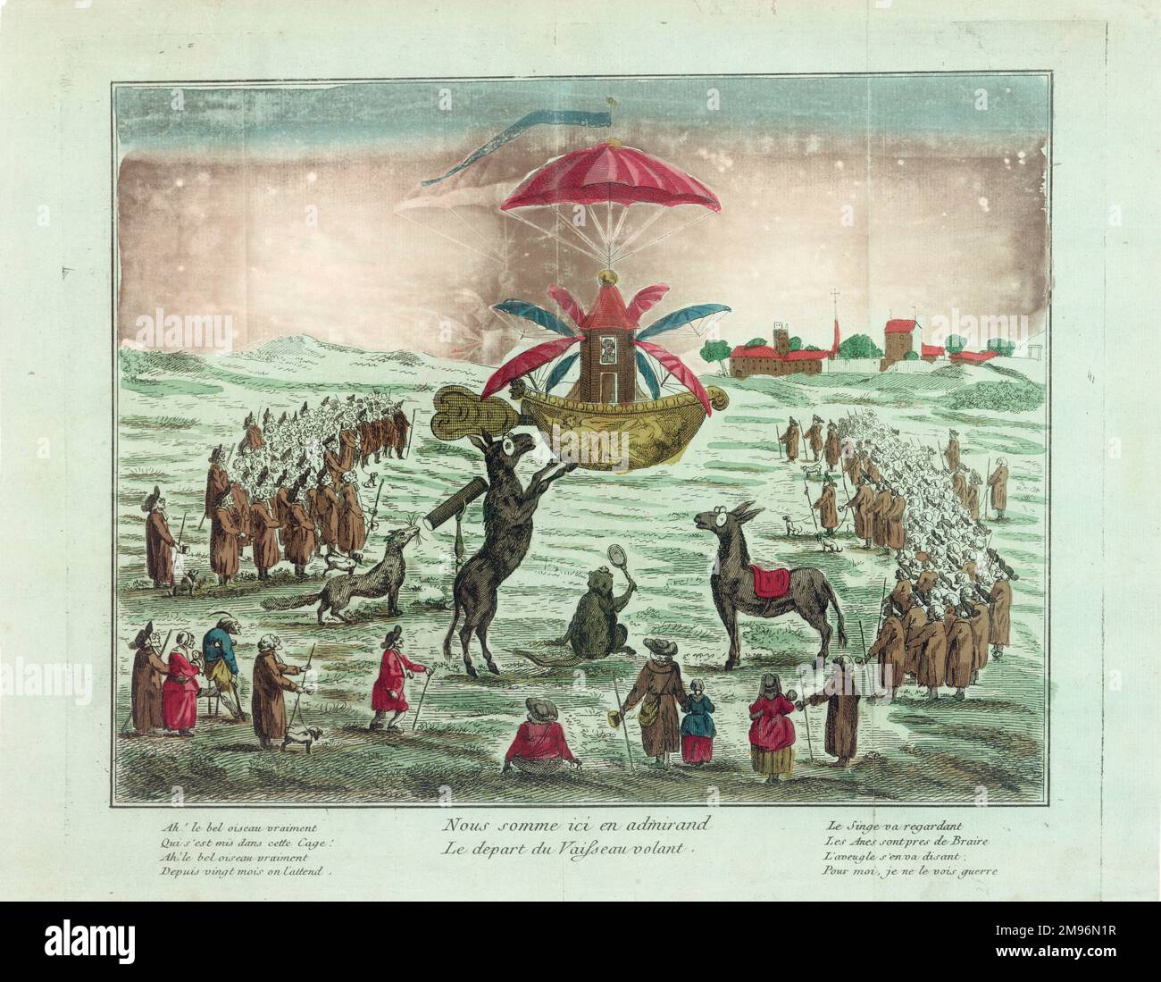 Fanciful design showing crowds of people and animals watching the ...