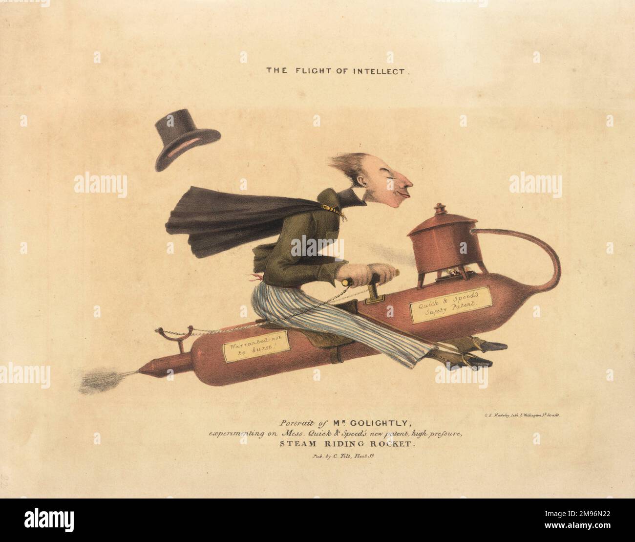 The Flight of Intellect. A comic image of a thin man riding on a steam ...