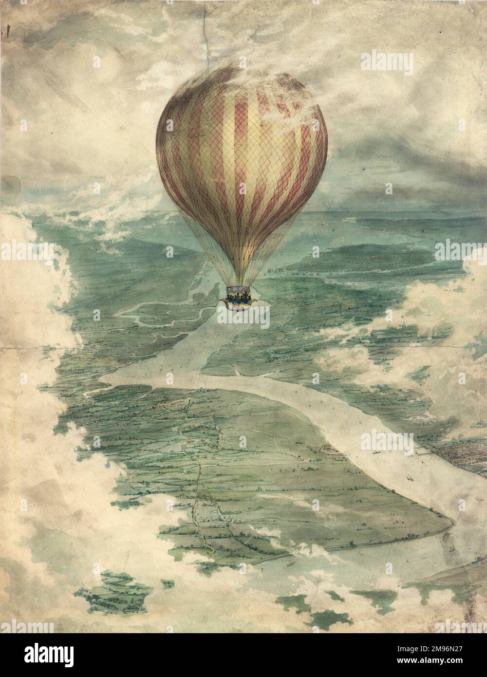 View of Charles Green's Nassau balloon with several passengers, flying ...