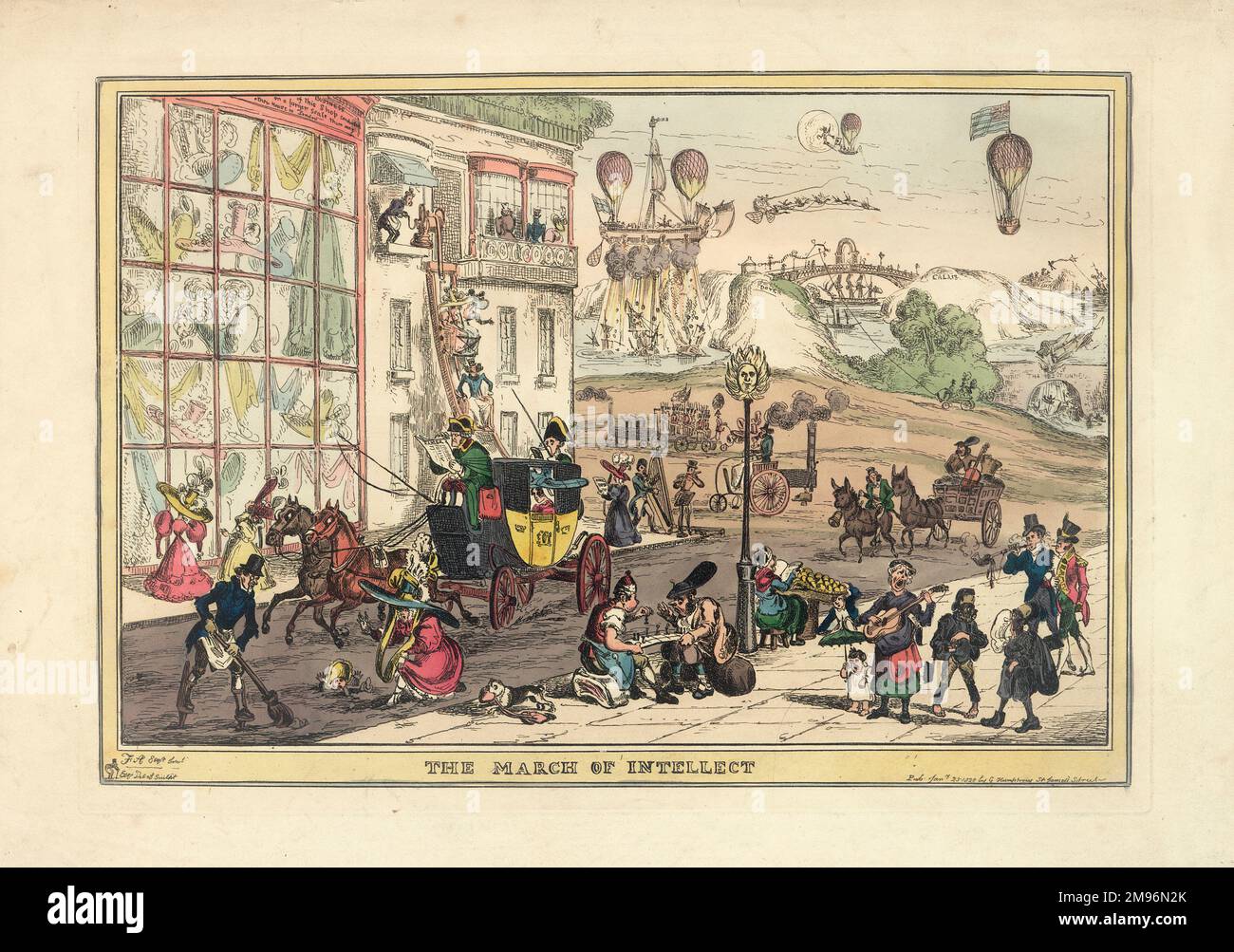 Satirical cartoon, The March of Intellect, showing a street scene with ...