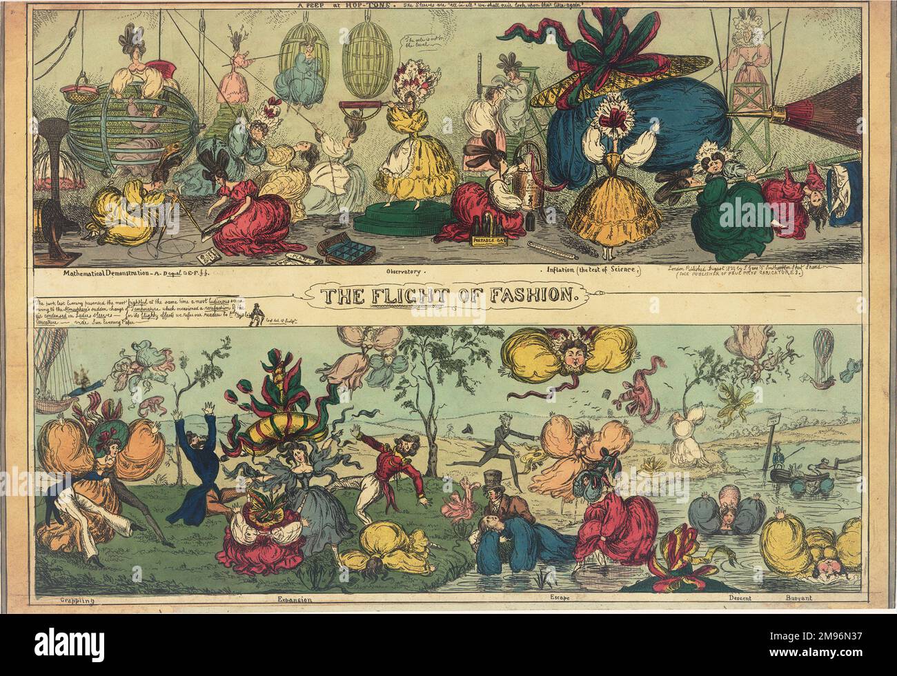 Satirical cartoon entitled The Flight of Fashion, with two scenes: A ...