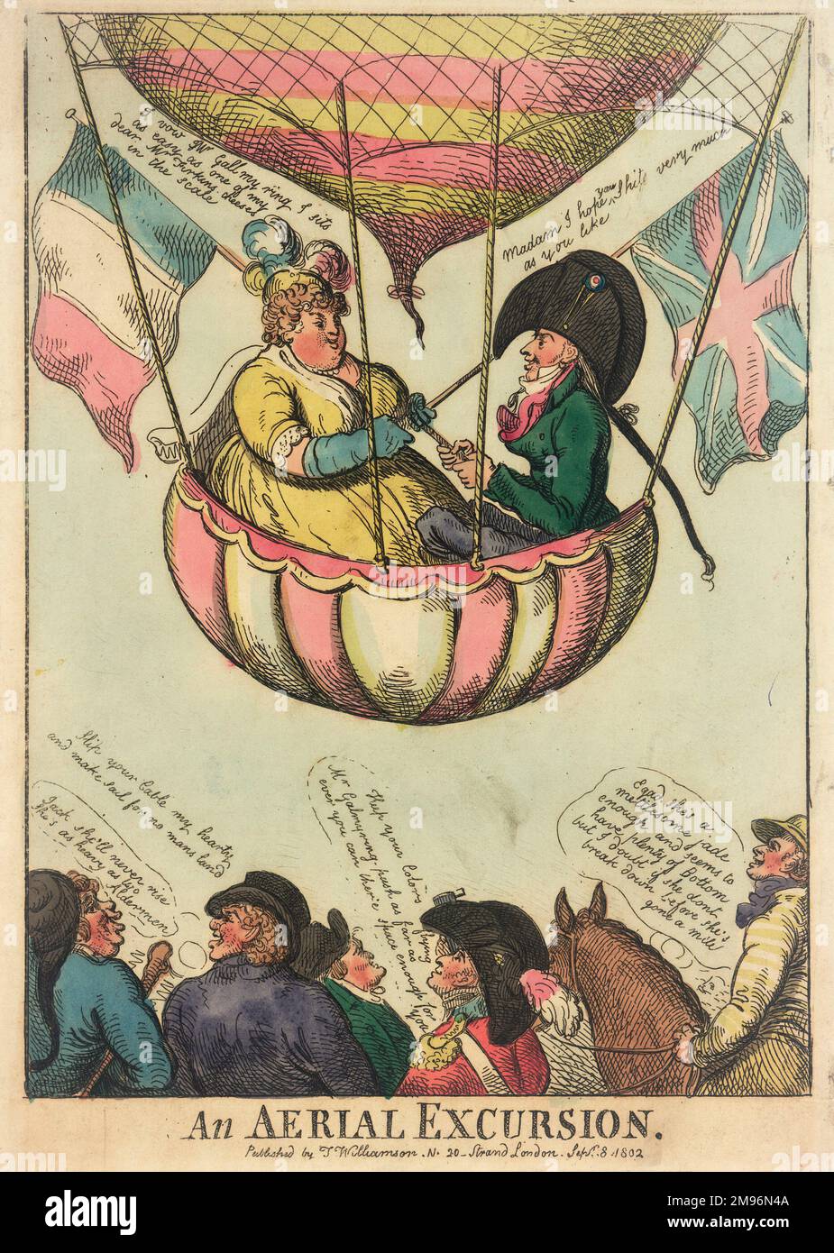 Satirical cartoon, An Aerial Excursion, showing a thin Englishman and a ...