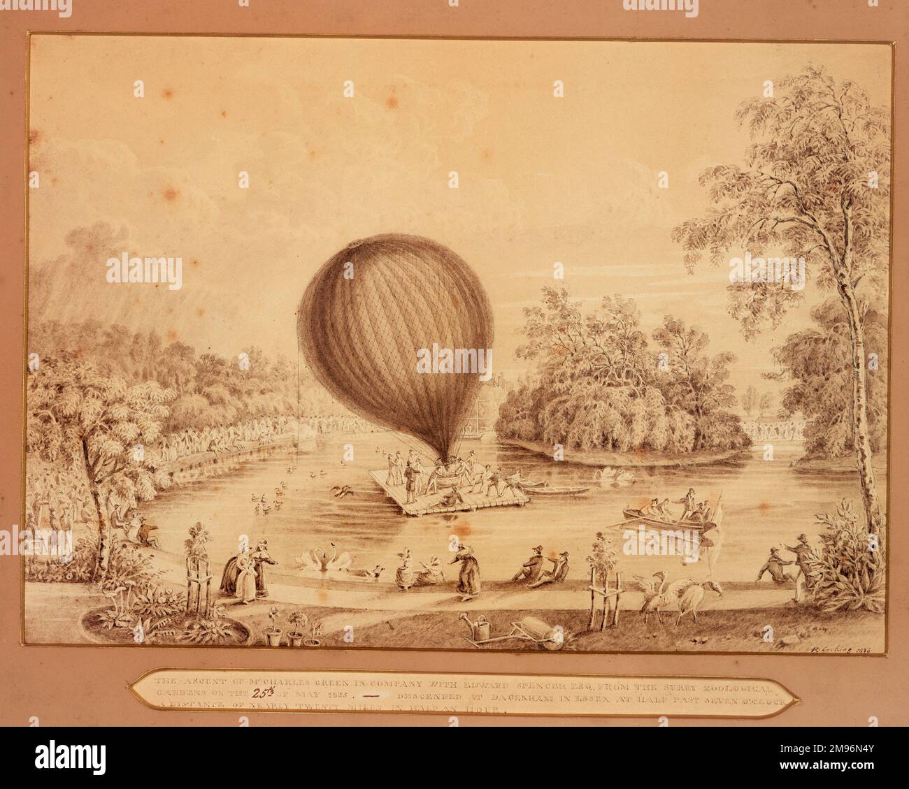 Scene of a balloon preparing to ascend from a raft on a lake, watched ...