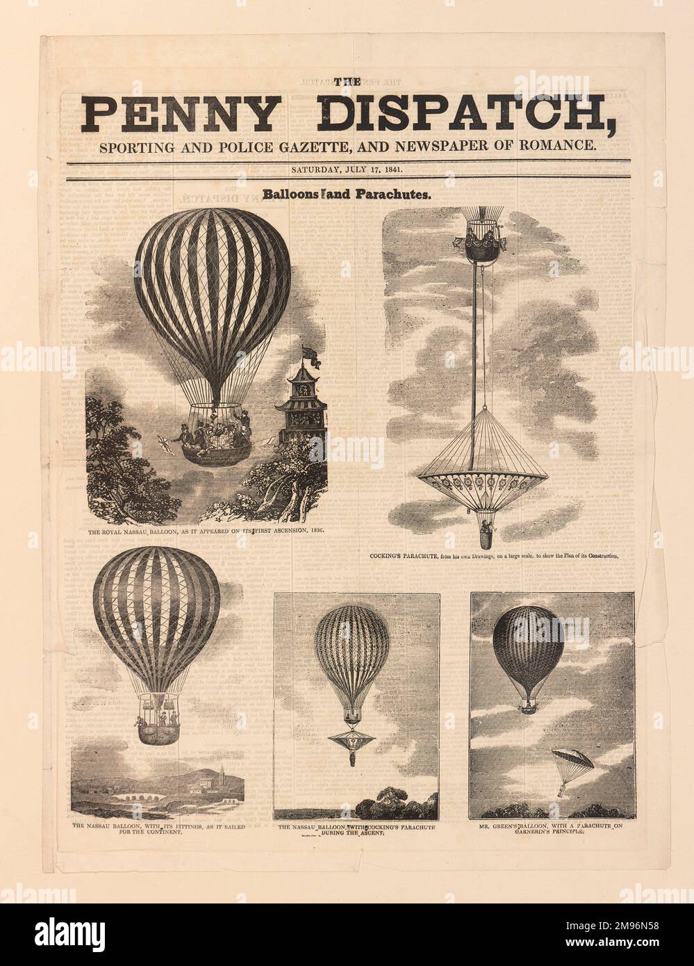 Full front page from The Penny Dispatch, giving five images of balloons ...