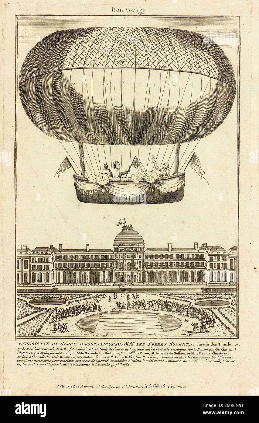 Balloon ascent by the Robert brothers from the Tuileries Gardens, Paris ...