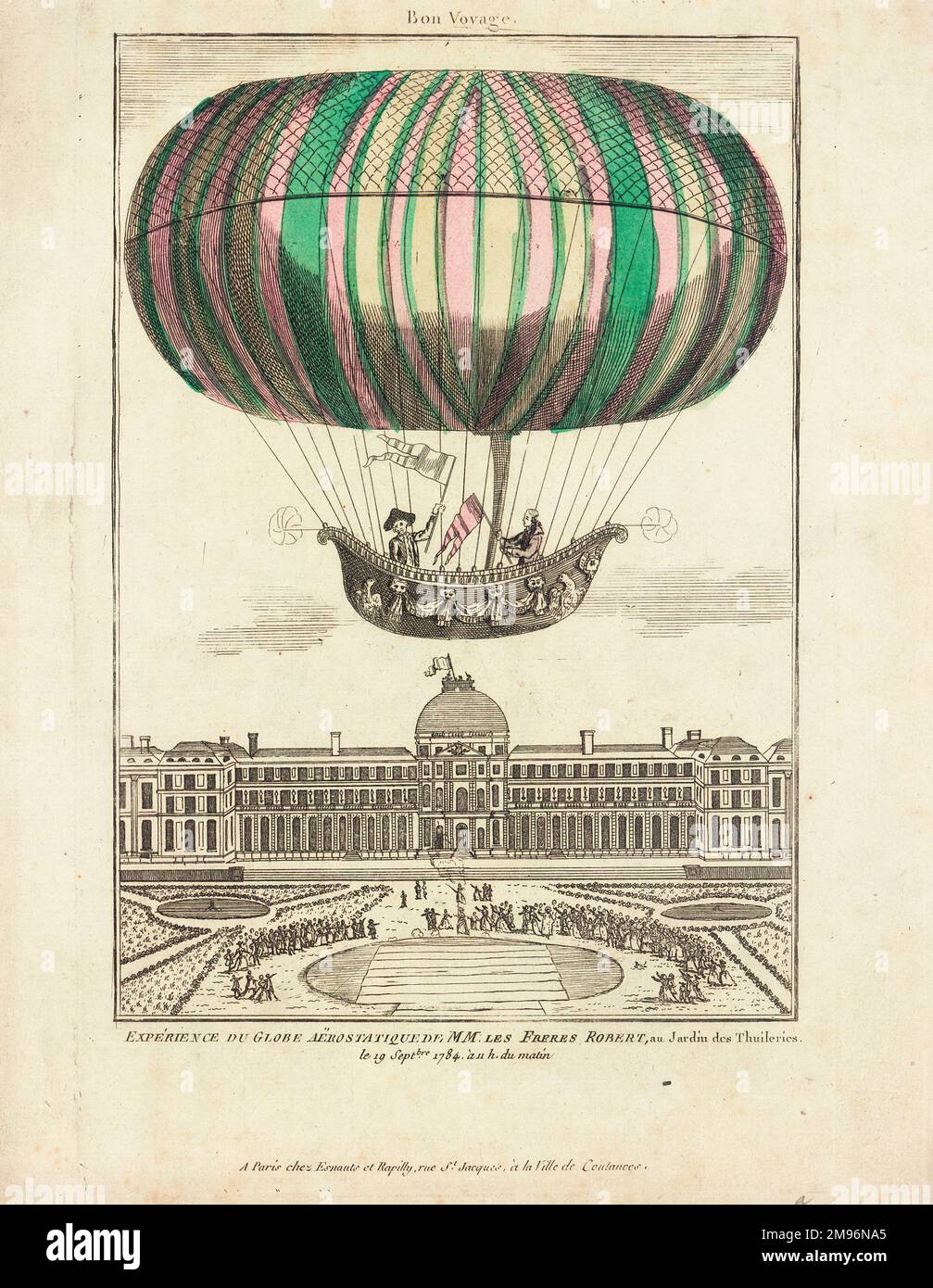 Balloon ascent by the Robert brothers from the Tuileries Gardens, Paris ...