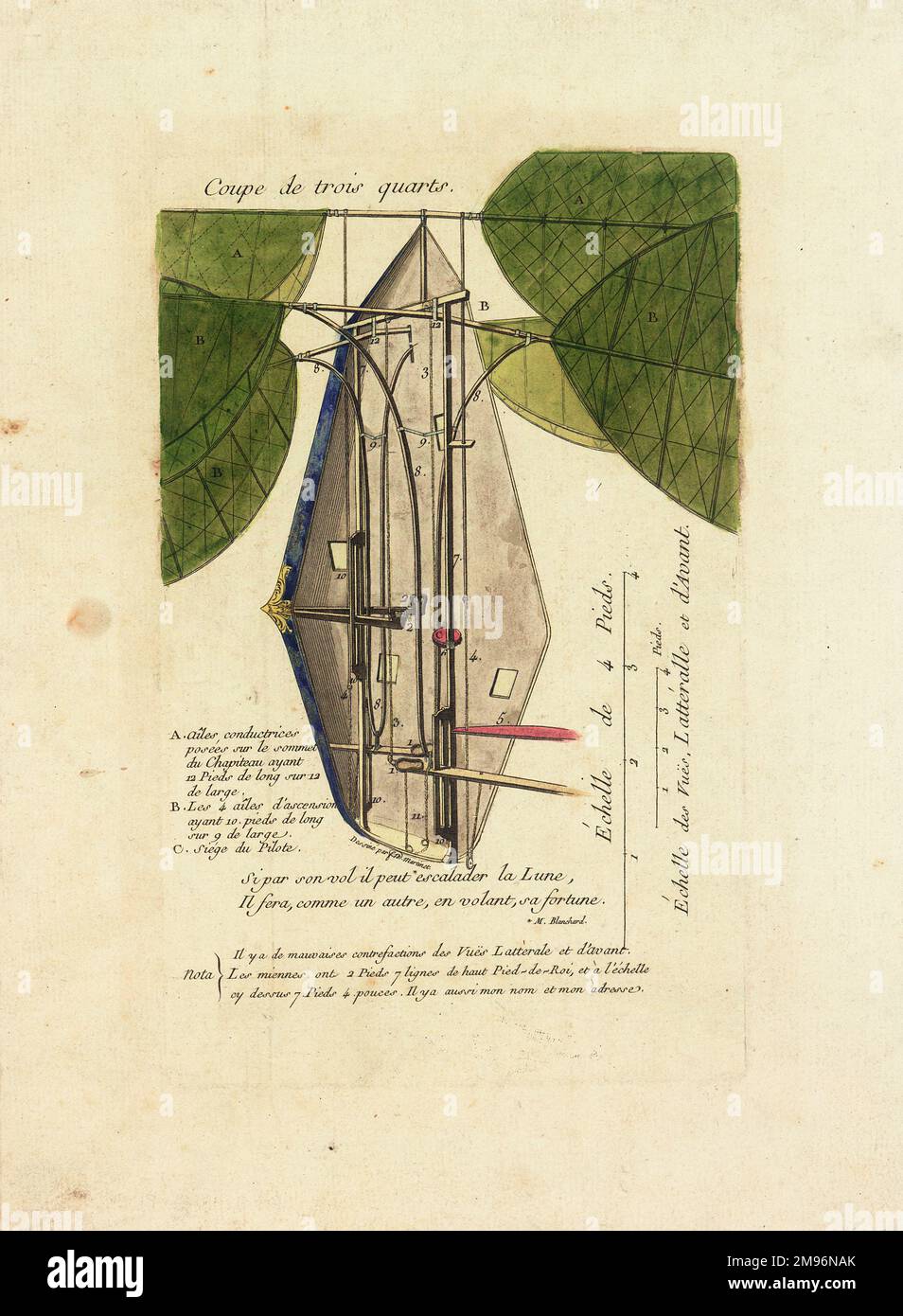 Technical diagram of a flying machine, with measurements and ...