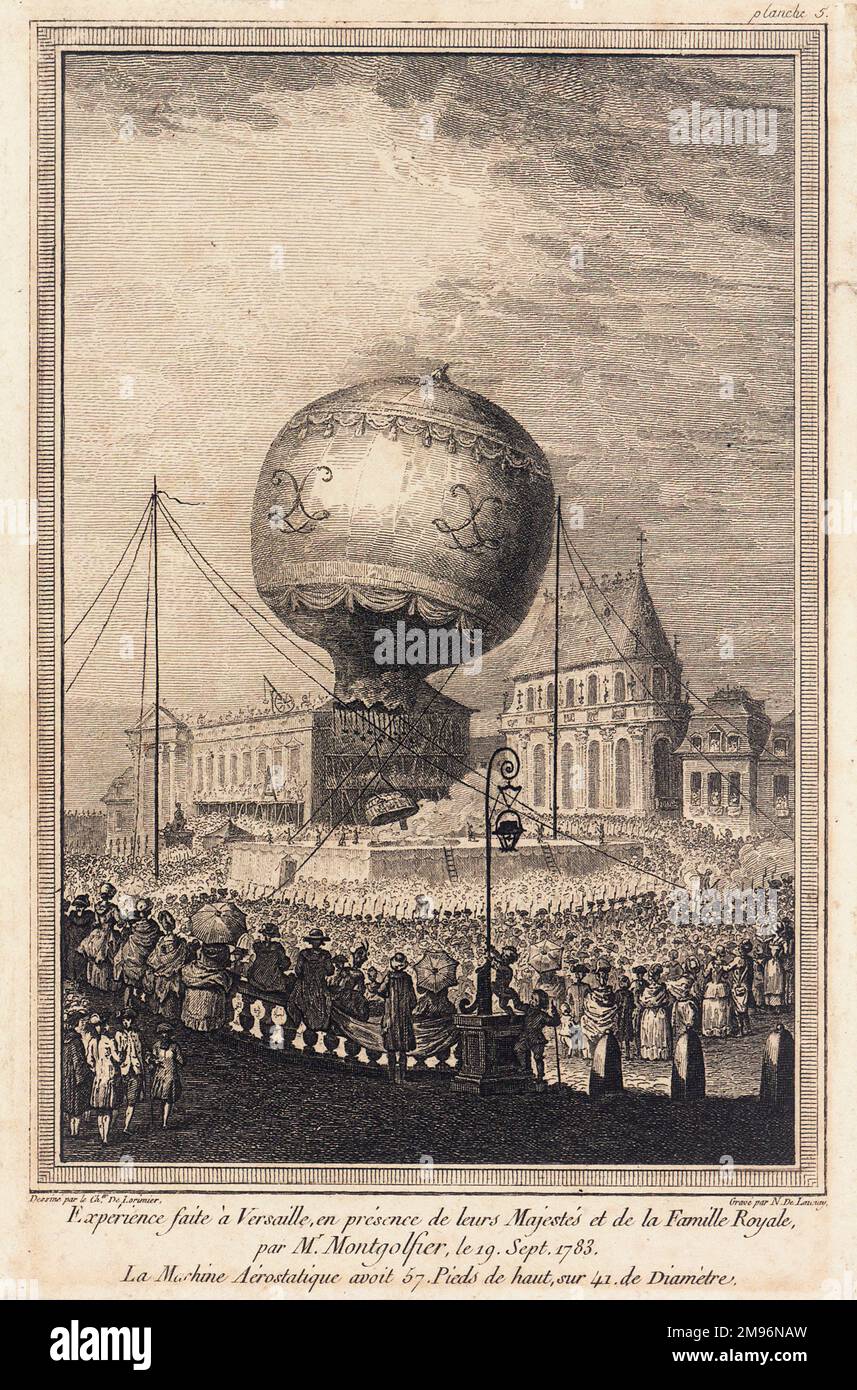 Ascent of the Montgolfier balloon from Versailles, viewed by the King ...