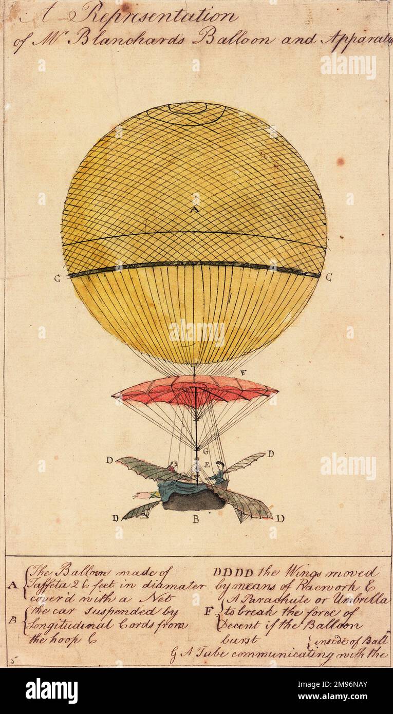 A representation of Jean-Pierre Blanchard's balloon and apparatus, with ...