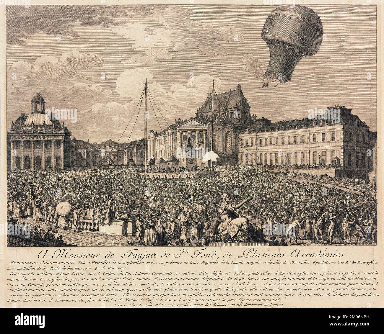 Ascent of the Montgolfier balloon from Versailles, viewed by the King ...