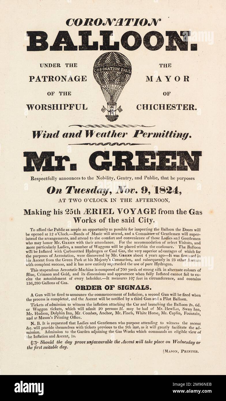 Charles Green ballooning poster advertising his 25th ascent in the Coronation Balloon under the ...