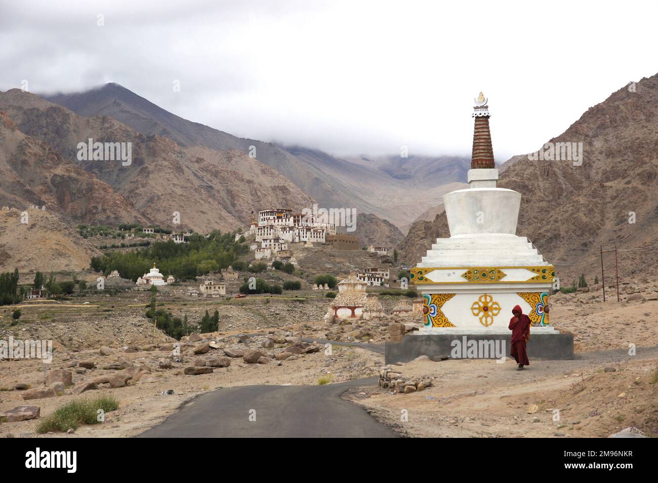 India, Jammu and Kashmir, Ladakh, near Likir: Chorte, monk, landscape ...