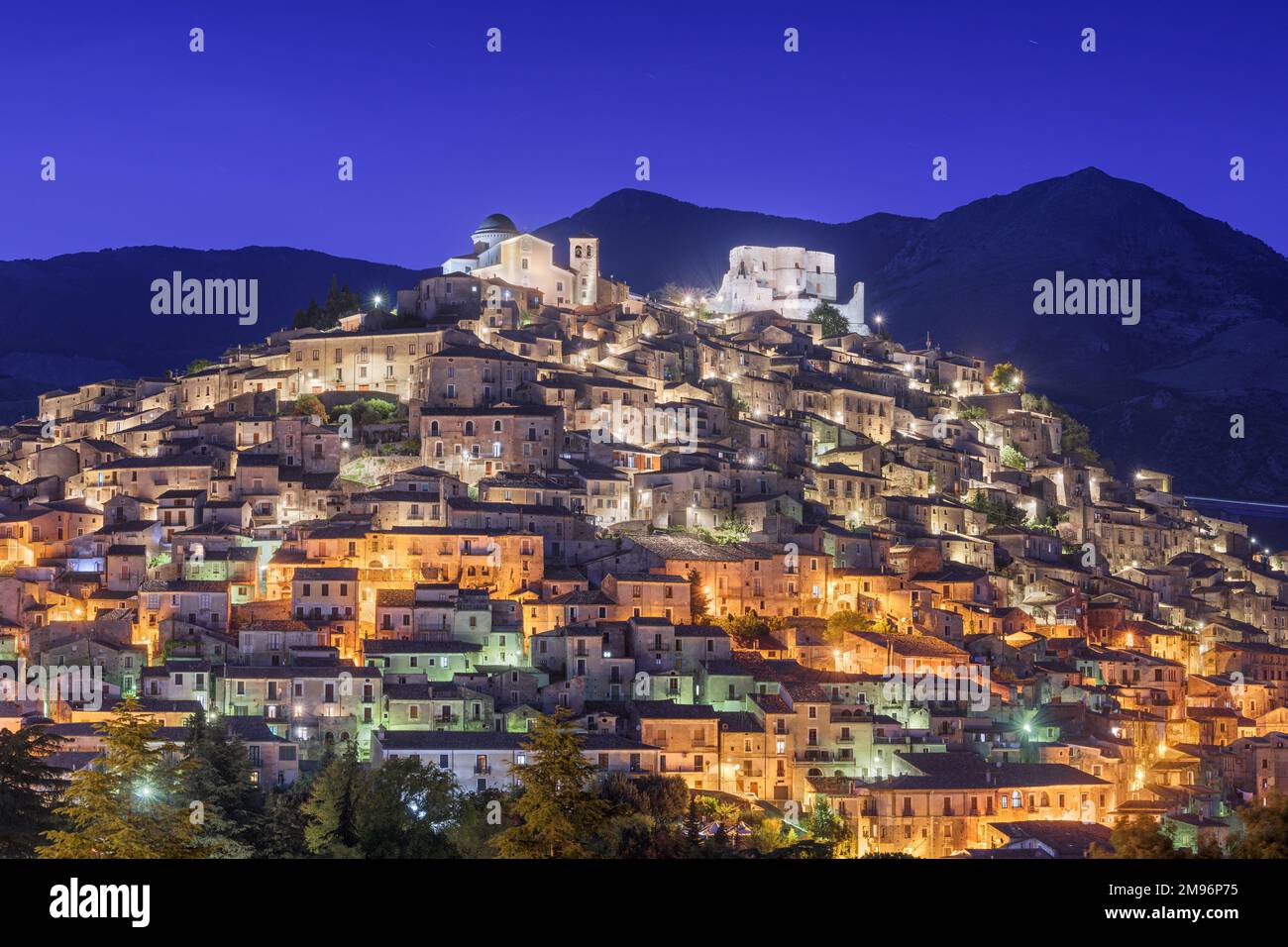 Morano Calabro, Italy beautiful hilltop village at night Stock Photo ...
