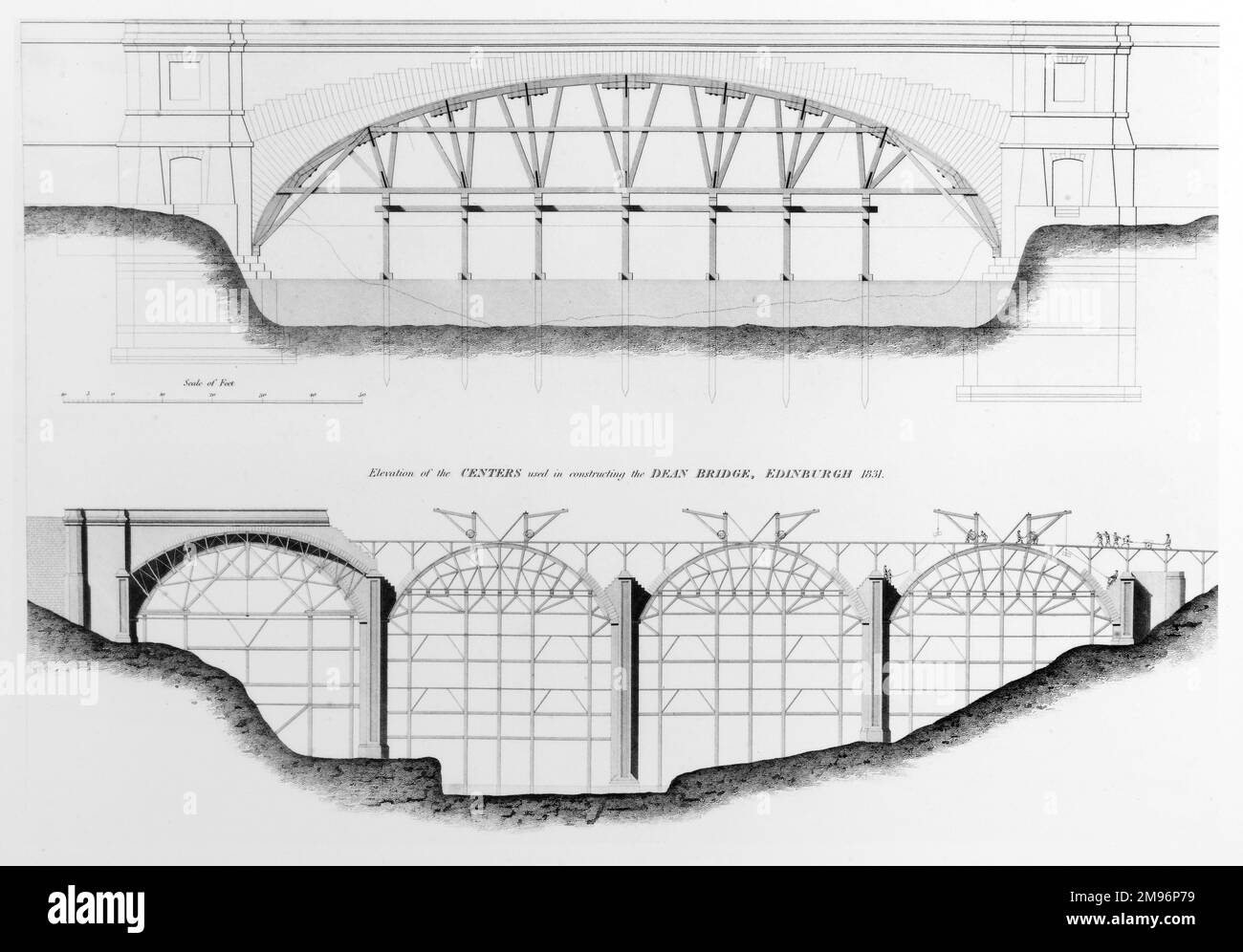 An Engraving of the construction and centering of both the Dean Bridge ...