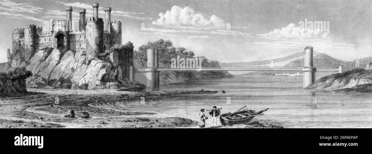 Conway (Conwy) Castle and suspension bridge in North Wales. The bridge ...