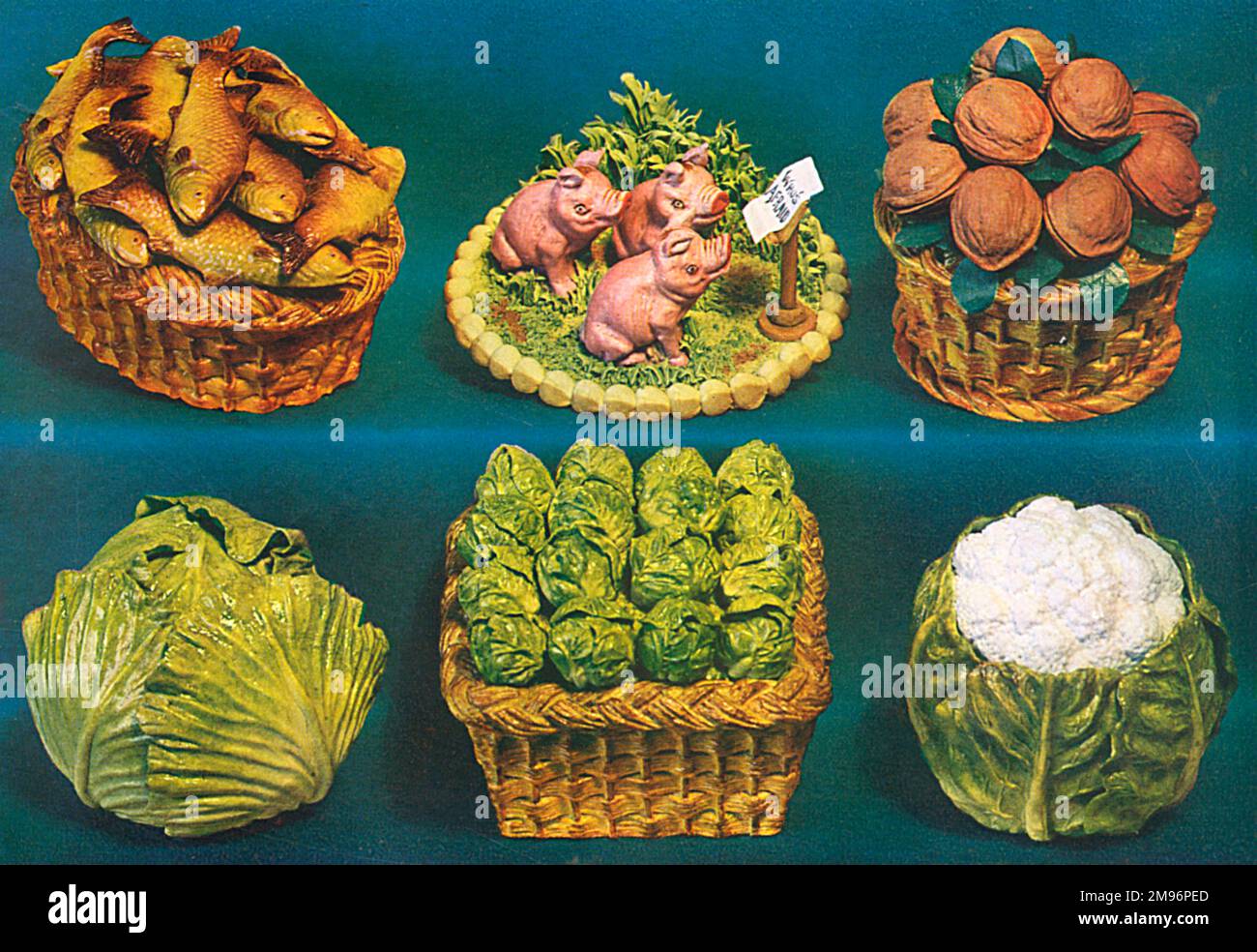 A Spread of Cake Novelties, Marzipan Basket of Fish, Three Little Pigs ...