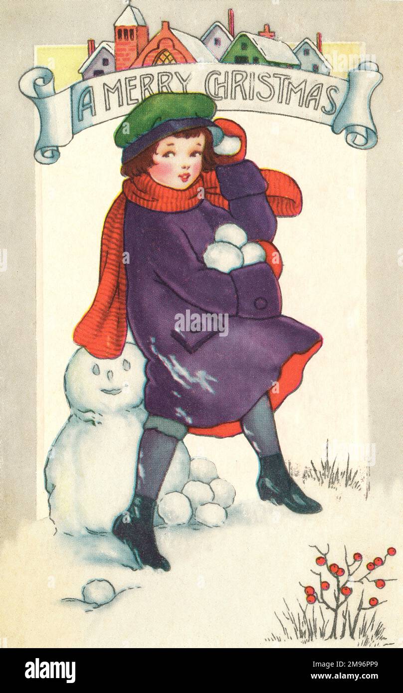 Girl wrapped up for the cold weather, out in the snow preparing for a ...