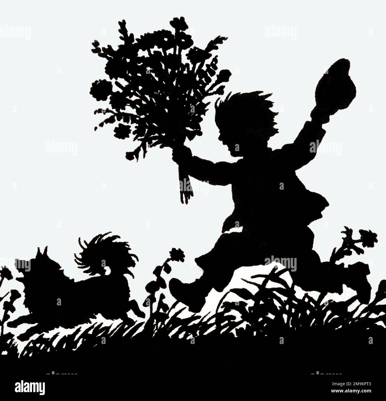 Silhouette depicting a boy and his dog frolic in a meadow Stock Photo ...