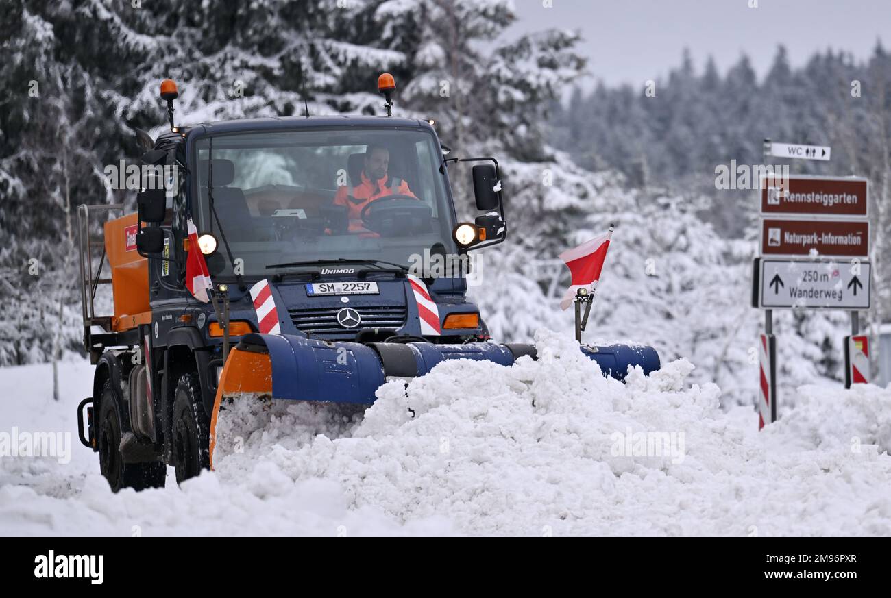 Oberhof, Germany. 17th Jan, 2023. A snow plow is used to clear the ...
