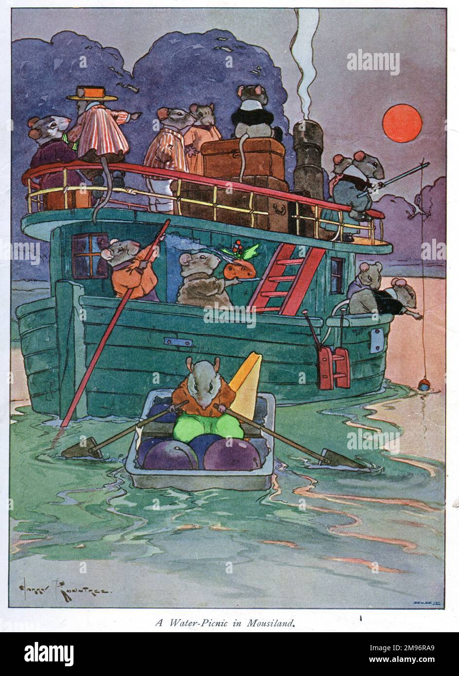 Pug Peter -- A Water-Picnic in Mousiland. Mice on a boat at sunset ...