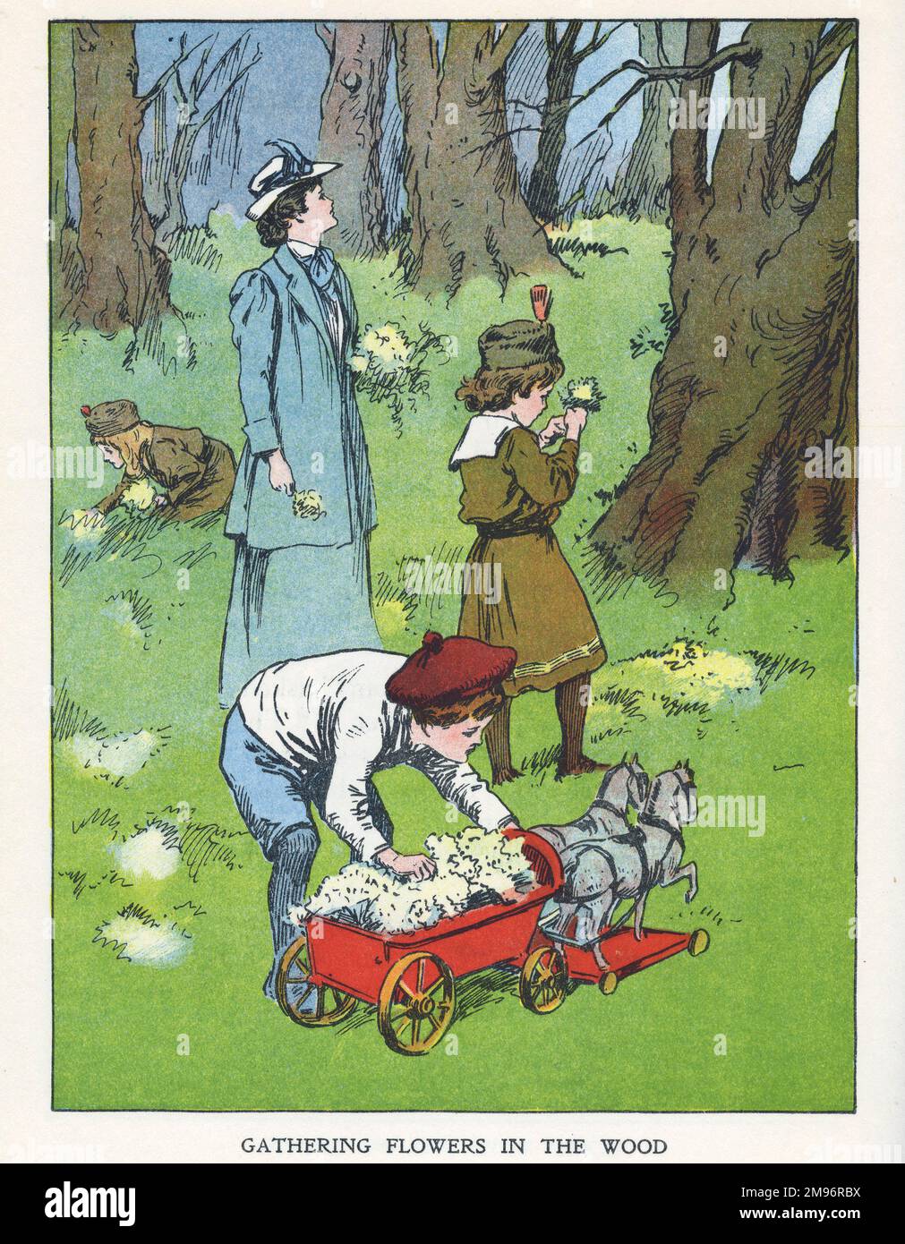 Out of Doors -- a mother and three children gathering flowers in a wood ...