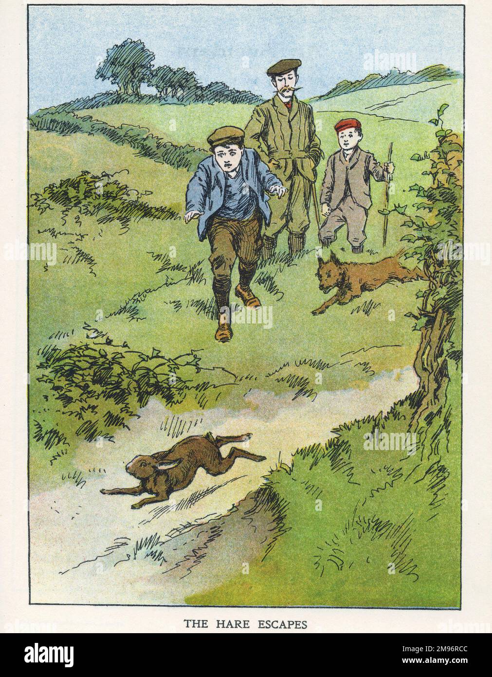 Out of Doors -- two boys, a man and a dog watch an escaping hare Stock ...