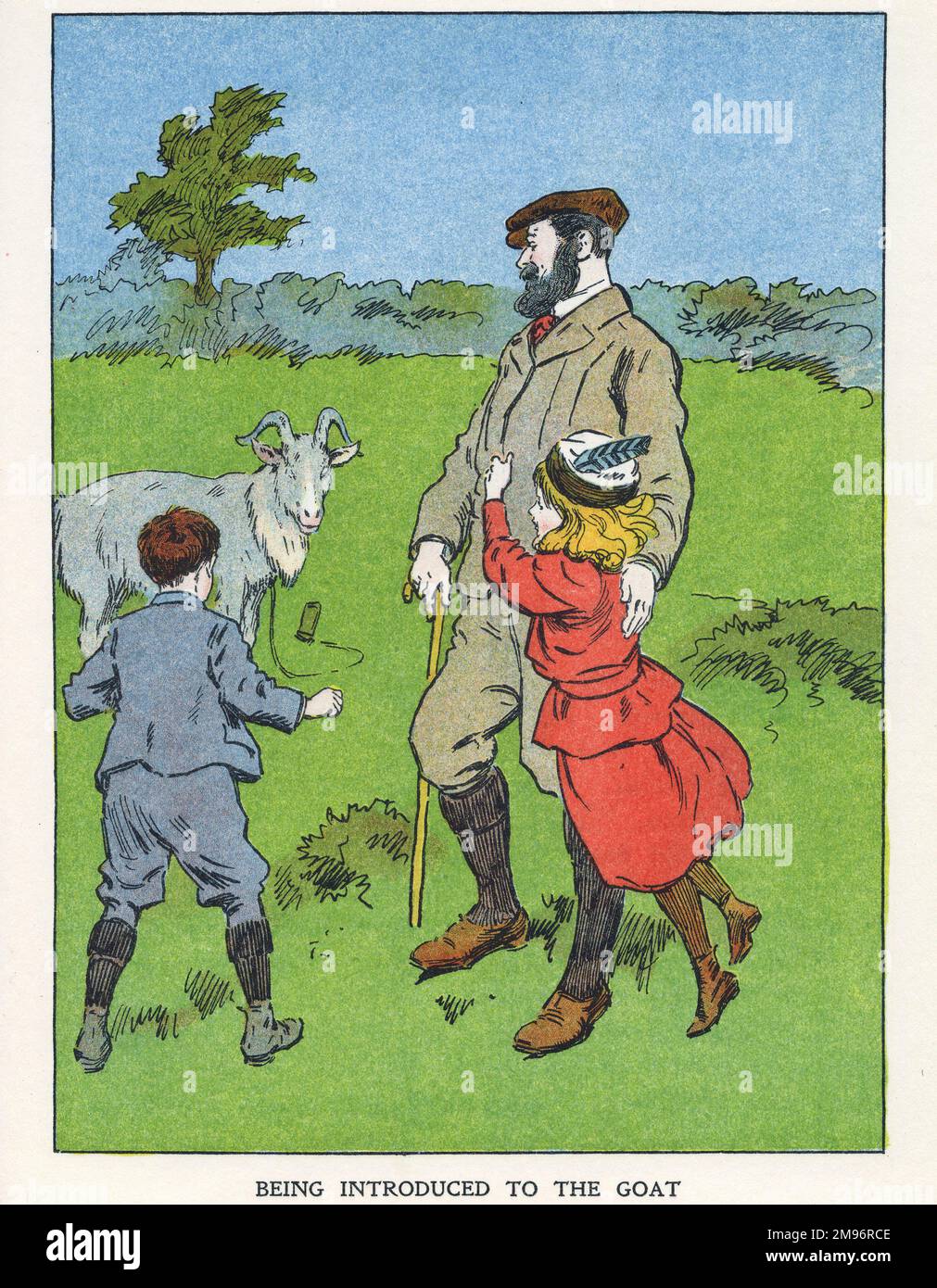 Out of Doors -- two children out walking with their father meet a goat ...