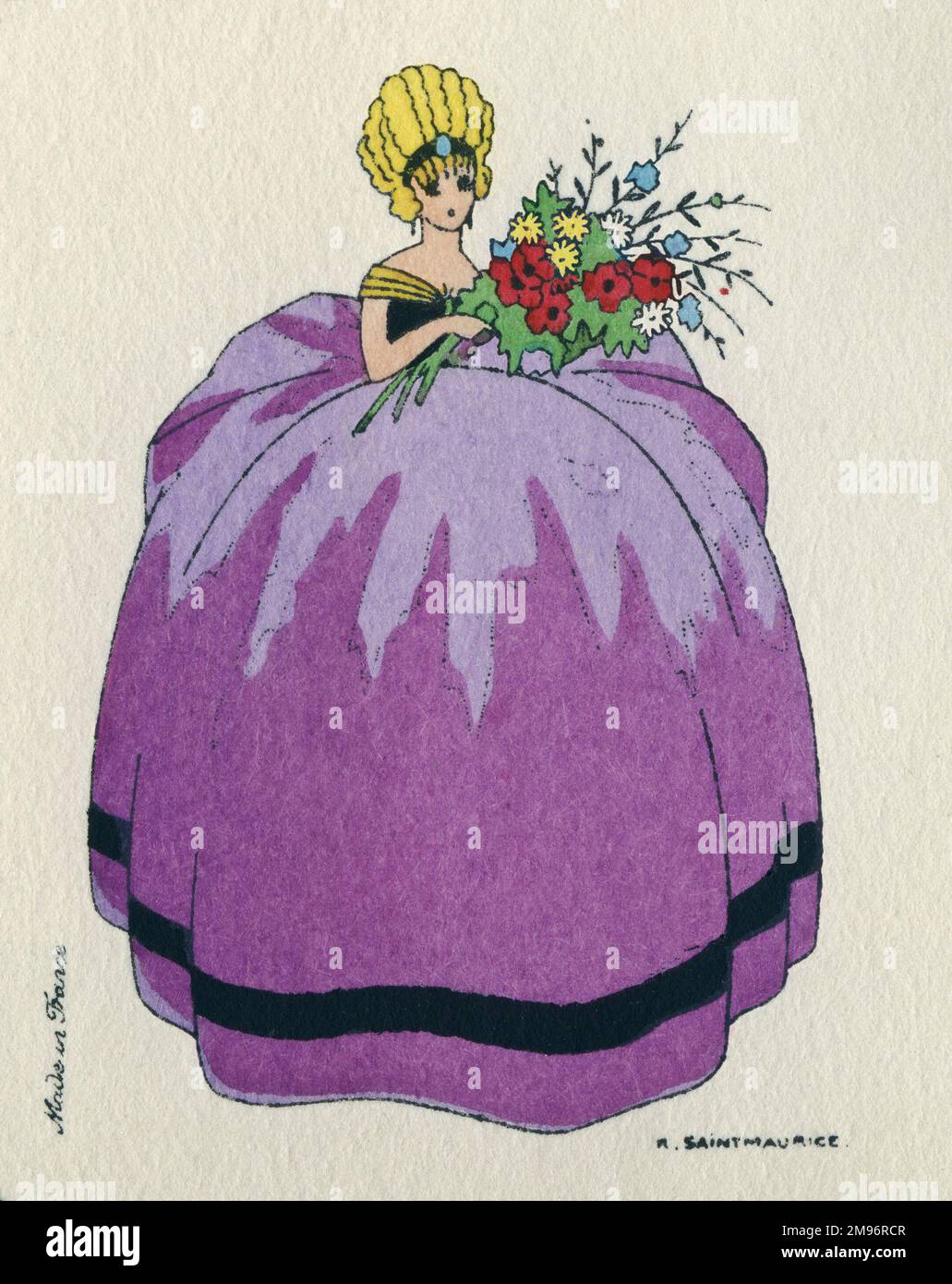 Woman in an enormous purple crinoline, holding a bunch of flowers Stock ...
