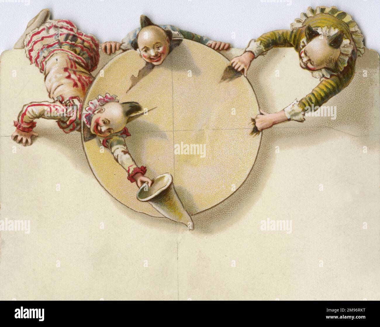 Front of a greetings card from the Victorian era, featuring three jolly ...