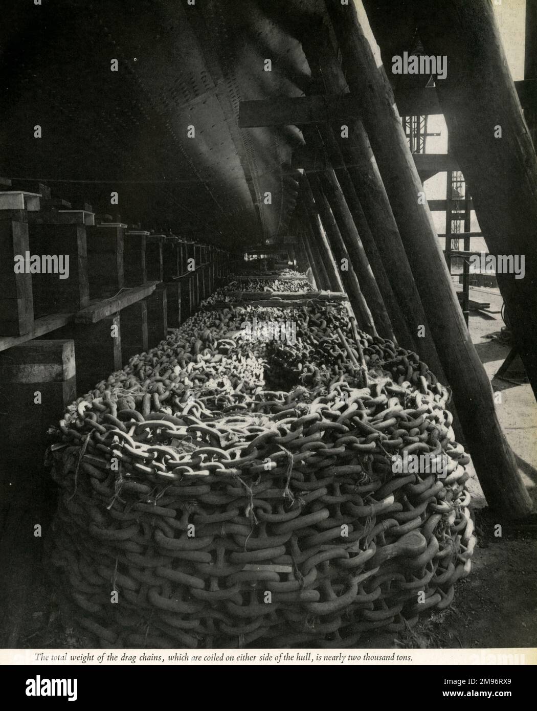 The total weight of the Queen Elizabeth's drag chains, which are coiled ...