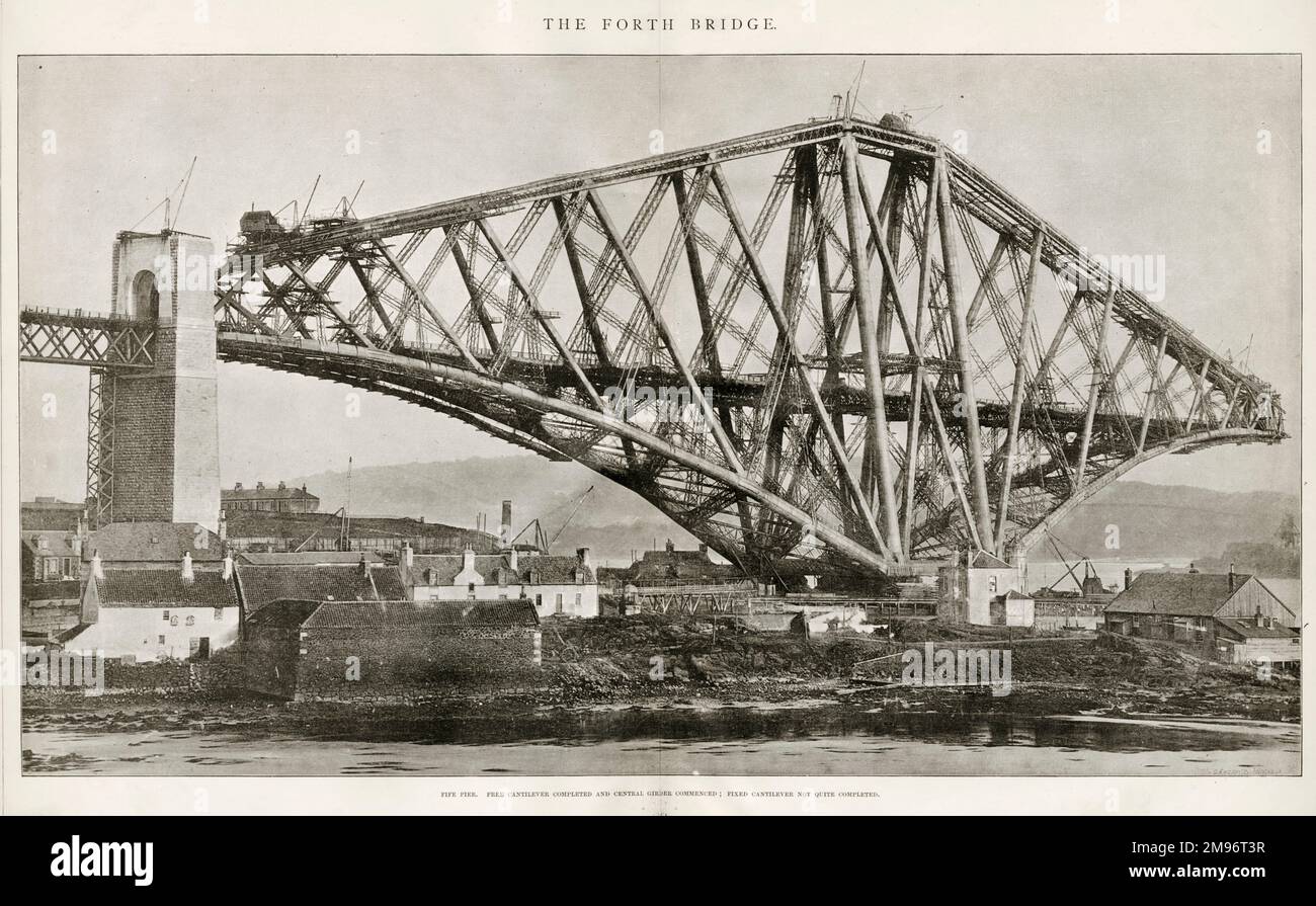 The Forth Bridge: Fife Pier. Free cantilever completed and central ...