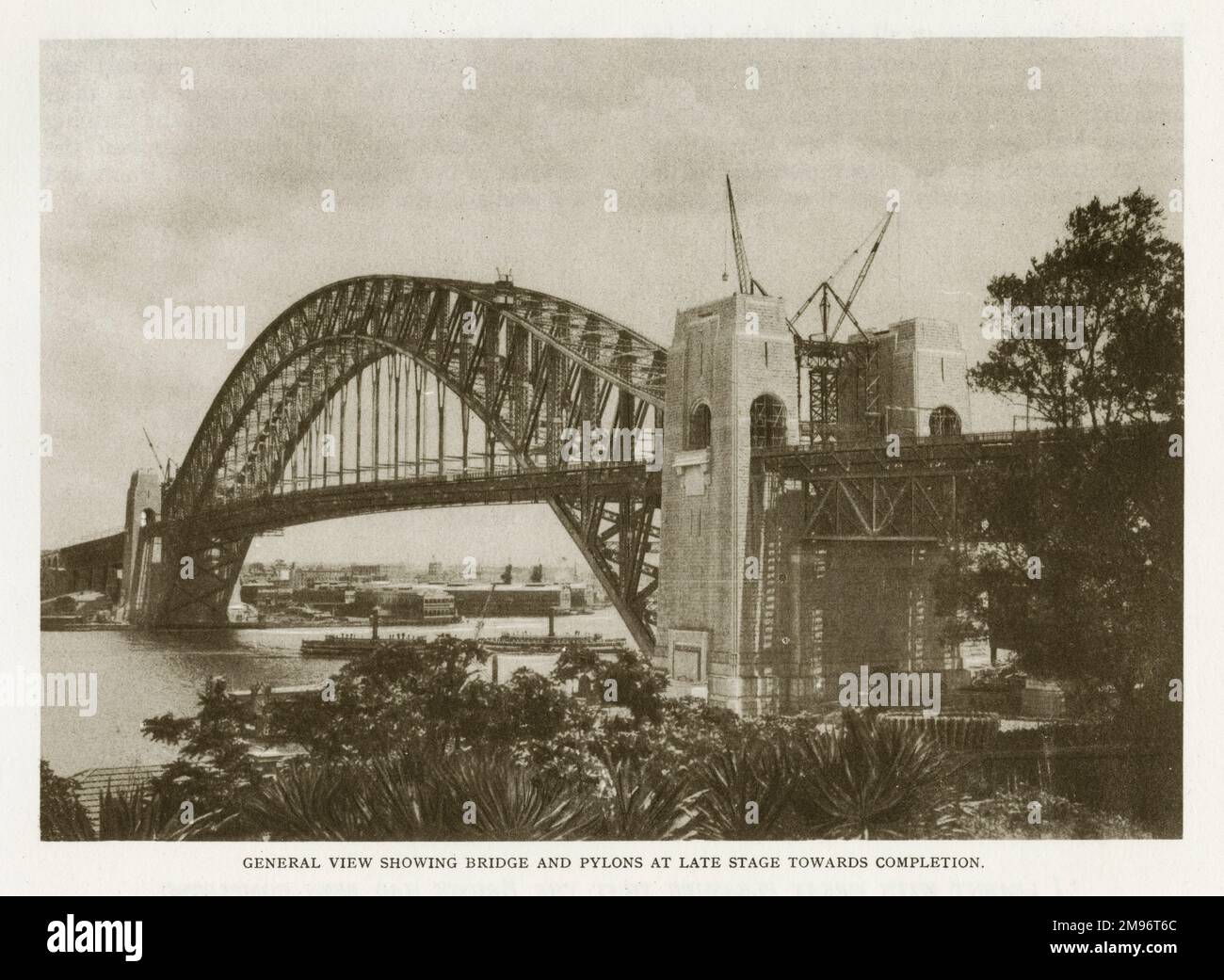 Sydney Harbour Bridge: general view showing bridge and pylons at late ...