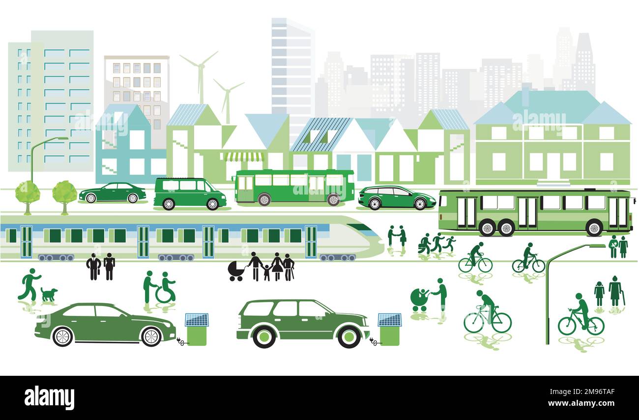 Ecological city with cyclists and passenger train, illustration Stock ...
